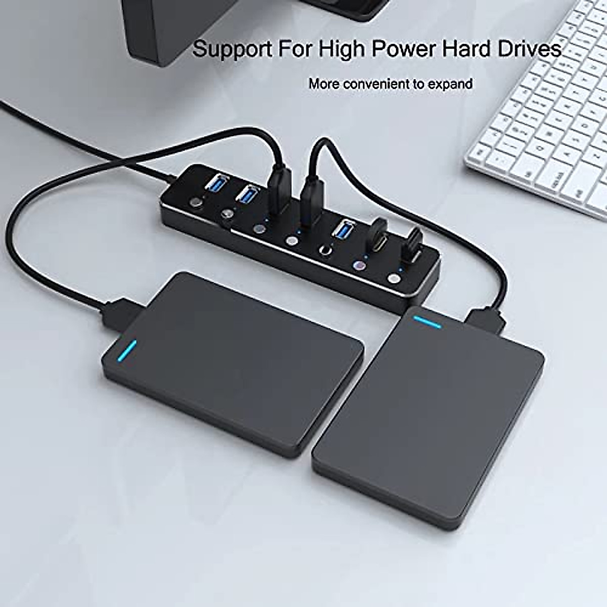 CUJUX Aluminum 7-Port USB 3.0 Hub 120cm Cable Sub-Control Switch 5Gbps LED Indicator HUB Chargeable Splitter for Multi USB Devices (Color : Black)