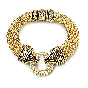 UNY Popcorn Chain Center Circle Pave Stone Unique Bracelet Magnetic Claps Designer Inspired Jewelry (Gold)