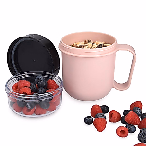 Navaris Breakfast To Go Cup - Portable 2-Piece Food Container Pot for Cereal, Yogurt, Oatmeal - Microwave and Dishwasher-Safe, BPA-Free - Pastel Pink