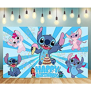 5x3ft Stitch Birthday Party Backdrops Supplies, Cute Little Monster Theme Birthday Party Favors Photography Background Banner for Kids Boys Girls Baby Shower Party Decoration