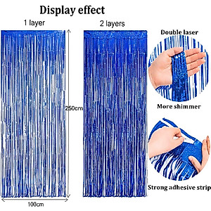 BRAVESHINE Blue Tinsel Foil Fringe Curtains - 2Pcs 3.2x8.2 ft Metallic Holidays Photo Backdrop for Birthdays Homecoming Bachelor Bachelorette Sea Theme Party Decorations
