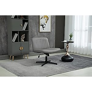 Armless Office Chair No Wheels with Thickened Cushion, Height Adjustable Swivel Ergonomic Computer Task Chair, Mid Back PU-Padded Bedroom Vanity Chair, Home Office Desk Chair - Grey Leather