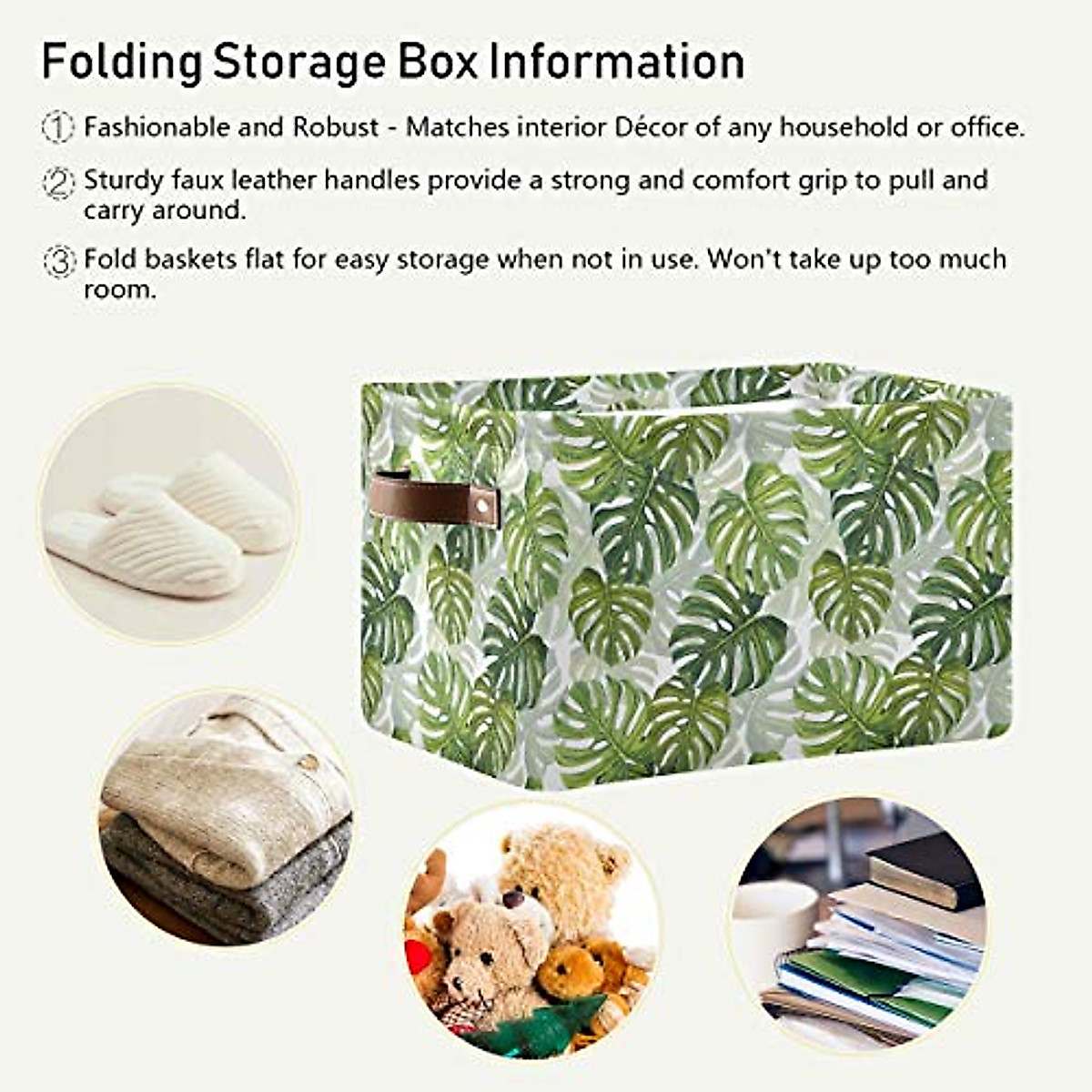 senya Large Foldable Storage Basket, Tropical Pattern Green Leaves Fabric Storage Bin Organizer Bag with Handles 15 x 11 x 9.5 inch