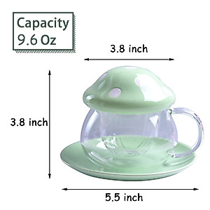 Hyltd Mushroom Tea Cup Mushroom Mug Cute Glass Tea Cups Mushroom Cup Mushroom Tea Mug with Filter Lid Coaster 9.6 Ounces (Green)