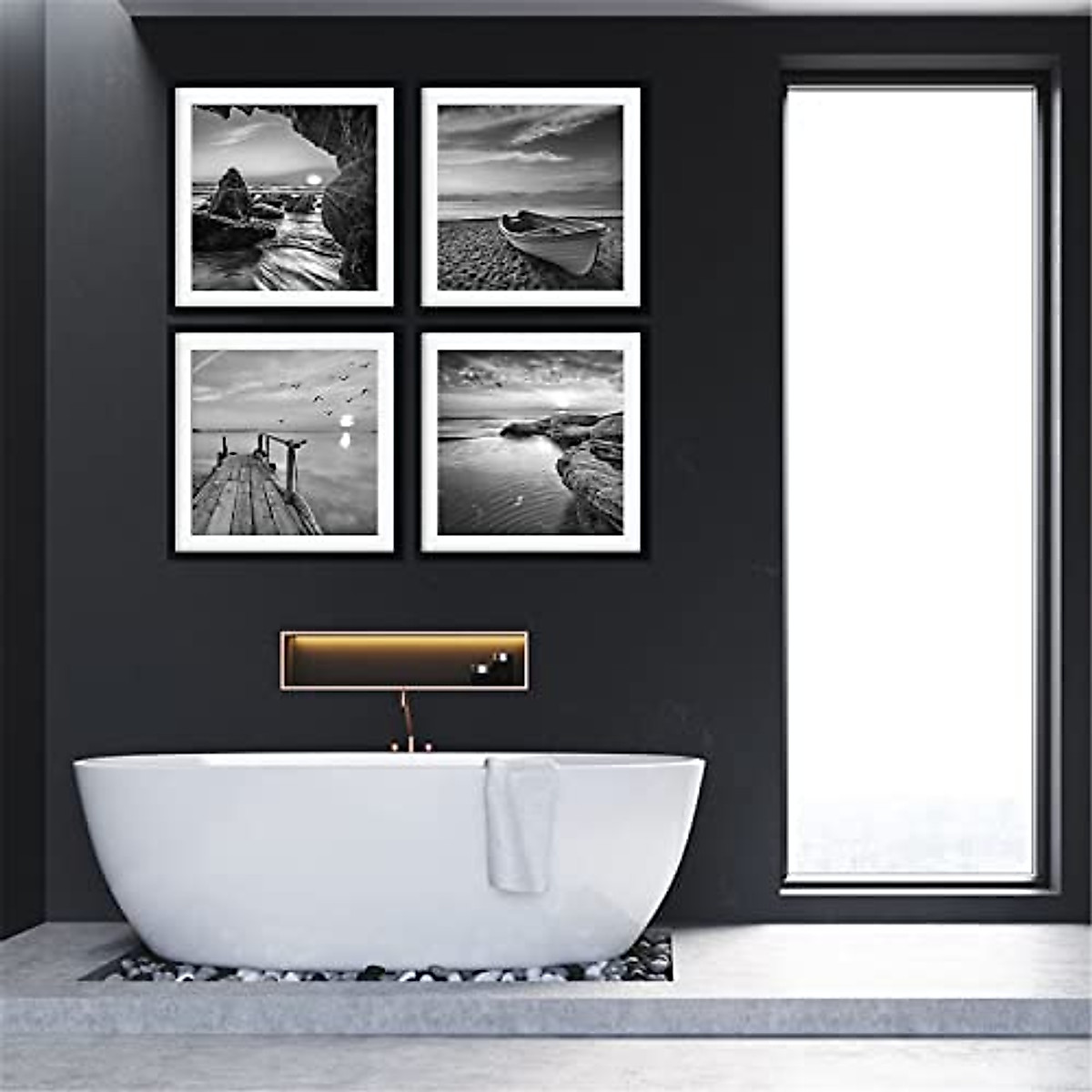 HZSYF Black And White Wall Art - 12x12 Inches Sea And Beach In Sunrise Prints Wooden Framed Pictures Seascape Artwork 4 Panels 12 x 12 Inch