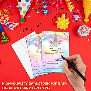 Unicorn Birthday Party Invitation, Magical Unicorn Themed Fill-In Invites for Friends, 20 Invitations With Envelopes (4" X 6"), Rainbow Party Favors Decorations and Supplies -29