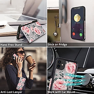 HOGGU Compatible for iPhone 11 Wallet Case, Magnetic Detachable Case Wallet with RFID Blocking Card Holder, Hand Strap, Flip Folio PU Leather Cover Case with Floral Flower Design for Women(Gray)