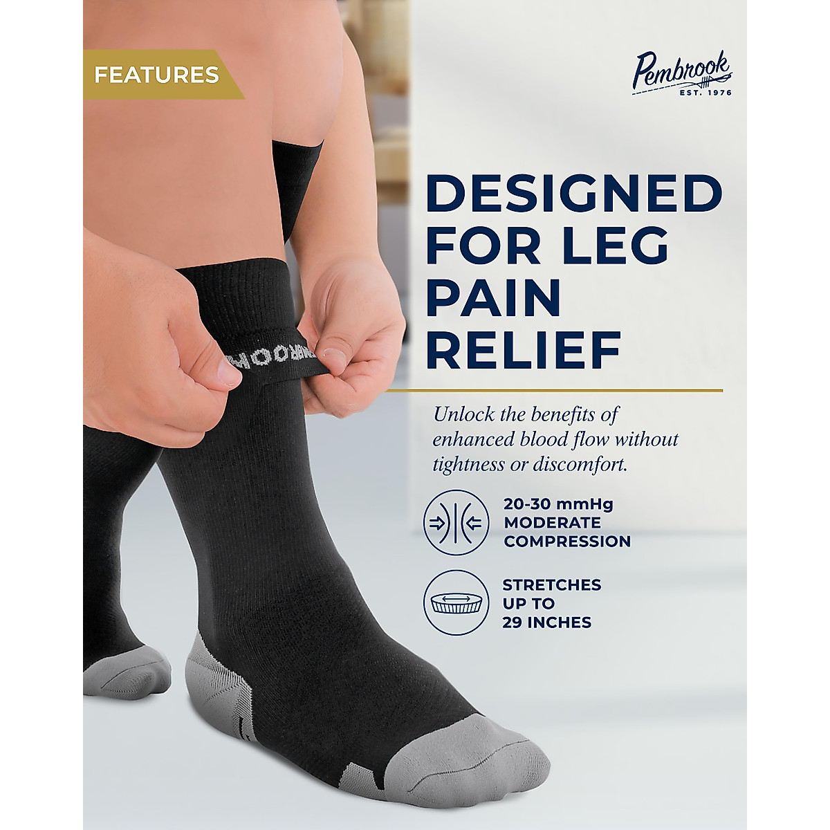 Pembrook Plus Size Compression Socks Wide Calf - Up to 6XL | Black Wide Calf Compression Socks Women Plus Size | Circulation Support Extra Wide Calf Compression Socks