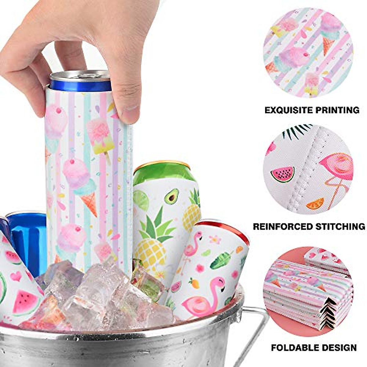 Neoprene Slim Can Sleeves - Set of 12 Can Sleeves Beer Soda Drink Coolies Caddies Collapsible Reusable Thermocoolers for Weddings Bridal Shower Birthday Bachelorette Parties
