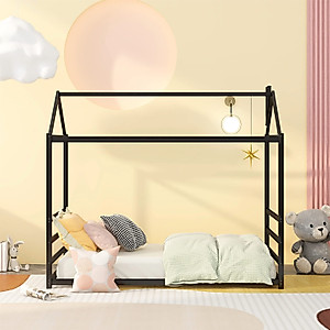 Bellemave Toddlers House Beds Metal Floor Bed Frame Twin Size Montessori Bed for Kids Boys Girls Teens, Black