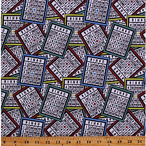 Fields Cotton Bingo Balls Games Cards Academic White Cotton Fabric Print by The Yard (D675.45),44 Inches