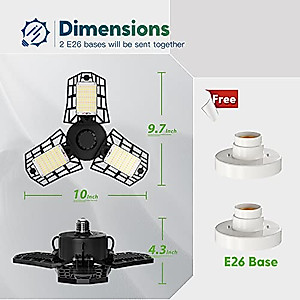 2-Pack 3CCT LED Garage Light with 3 Deformable Panels, 60W 6000LM with E26/27 Medium Base, 3000K/4000K/6000K Selectable Triple LED Garage Lighting, Screw in LED Tri Light for Attic, Basement(Black)