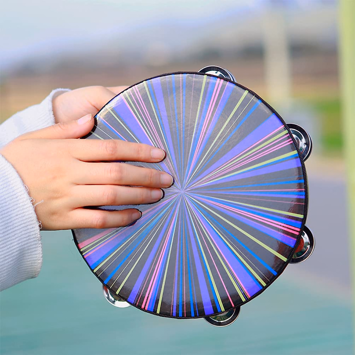 Radiant Tambourine Handheld Drum Bell: Double Row Tambourines 8 Inch Musical Instrument Reflective Hand Drum for Church KTV Party Silver