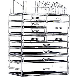 Cq acrylic 4 Pack Clear Skincare Organizer for Vanity,Stackable 11 Drawers Make Up Organizer,Cute Cosmetic Organizer for Vanity Jewelry,Hair Clip,Beauty,Skincare Product Dresser Acrylic Desk Organizer
