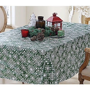 Newbridge Snowfall Snowflake Plaid Christmas Print Vinyl Flannel Backed Tablecloth Contemporary Snowflake Design Easy Care Wipe Clean Xmas Tablecloth, 60 Inch x 102 Inch Oblong/Rectangle, Green