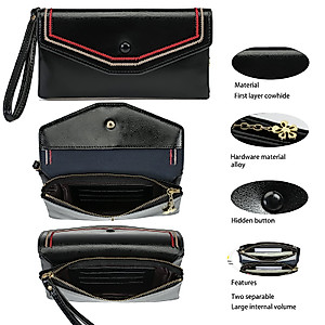 ENYISDAN Detachable Wristlet Wallets for Women 2-in-1 Long Purse Clutch Embroidery Leather Zip Black