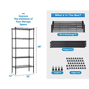 BIQWBIC 5 Tier Metal Shelf, Wire Shelving Unit with Adjustable Shelves, Storage Rack for Kitchen Pantry Closet, 22"Lx12"Wx48"H, Black