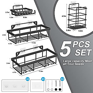 Homarkable Shower Caddy 5-Pack, Self Adhesive Bathroom Shower Organizer, Wall Mounted Bathroom Shower Rack with Soap Holder and ToothBrush Holder, Shower Shelves for Inside Shower, Kitchen (Black)