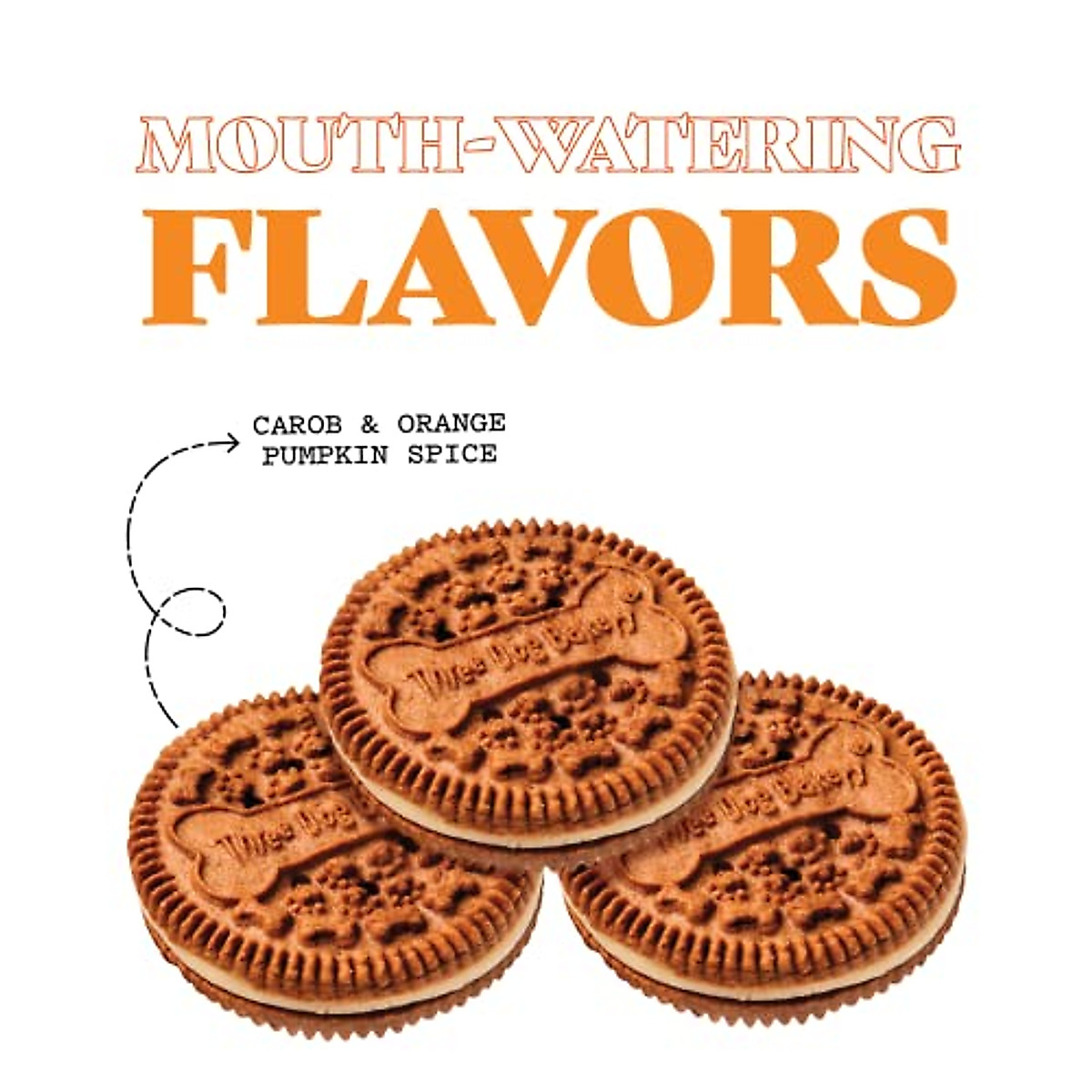 Three Dog Bakery Lick'n Crunch! Howl-o-ween Sandwich Cookies, Carob and Orange Pumpkin Spice Crème Flavor, Premium Treats for Dogs, 13 Ounces Each