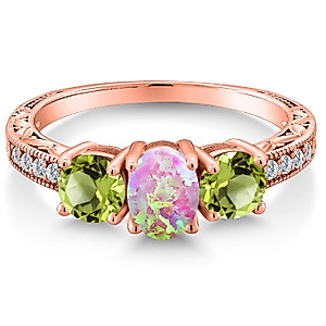 Gem Stone King 1.85 Ct Oval Cabochon Pink Simulated Opal Green Peridot 18K Rose Gold Plated Silver Ring (Size 9)