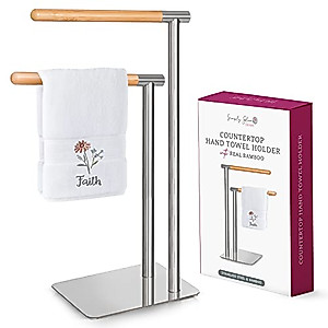 Simply Glamr Hand Towel Stand for Bathroom Counter - 304 Stainless Steel and Bamboo Hand Towel Holder Stand for 2 Towels, Modern Countertop Towel Stand with Non-Slip Pads