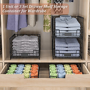 3 Pack Sliding Closet Organizers and Storage, Stackable Closet Storage Shelves, Pull Out Clothes Storage Organizer Baskets/Containers/Drawers with Dividers for Wardrobe (Black-Sturdy Wire Metal Frame)