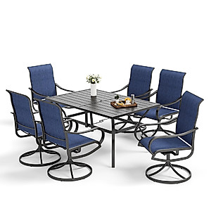 MFSTUDIO 7-Piece Patio Dining Set, Outdoor Furniture 6 Sling Dining Swivel Chairs and Steel Frame Slat Larger Rectangular Table with 1.57" Umbrella Hole for Backyard, Blue