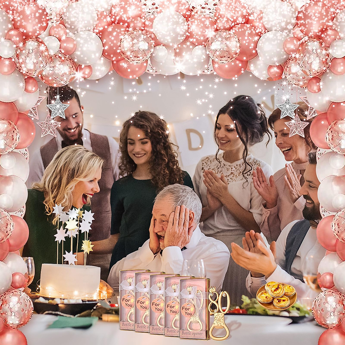 24 boxes of rose gold themed 80th birthday bottle openers favored for 80th anniversary wedding party gifts, 80th birthday party souvenirs or party decorations (80 shape)