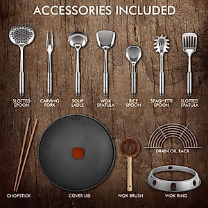 SodoMai Carbon Steel Wok, 13 Inch Wok Pan with Lid Woks & Stir-Fry Pans with Spatula, Cookware Accessories, No Chemical Coated Flat Bottom Chinese Wok for Induction, Electric, Gas Stove, All Stoves