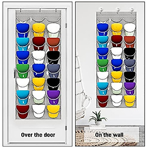shiningwaner Hat Rack Organizer for Wall/Over The Door, Baseball Cap Organizer with 24 Clear Deep Pockets, Closet Hat Storage Organizer Hanging with Over Door Hooks, Light Grey