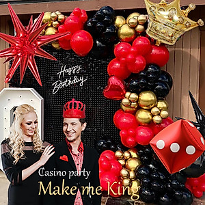Casino Theme Red and Black Gold balloon garland arch kit With Starburst Dice Crown balloons for casino royale Birthday Las Vegas night hollywood theme party decorations