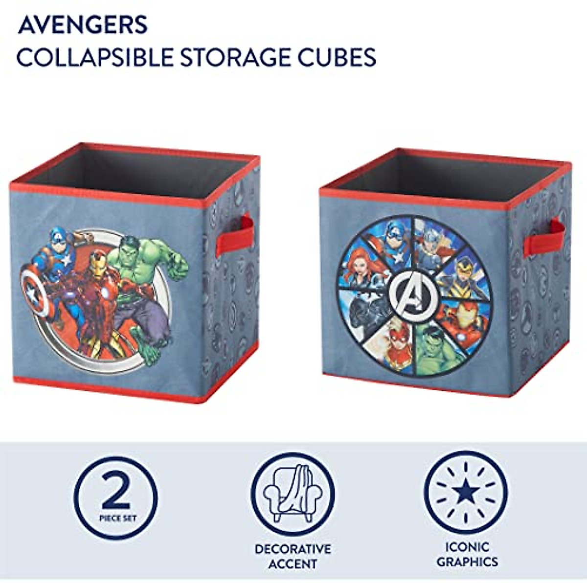 Idea Nuova Marvel Avengers Set of Two Spacious Collpasible Storage Cubes, 10"x10", Avengers / Grey
