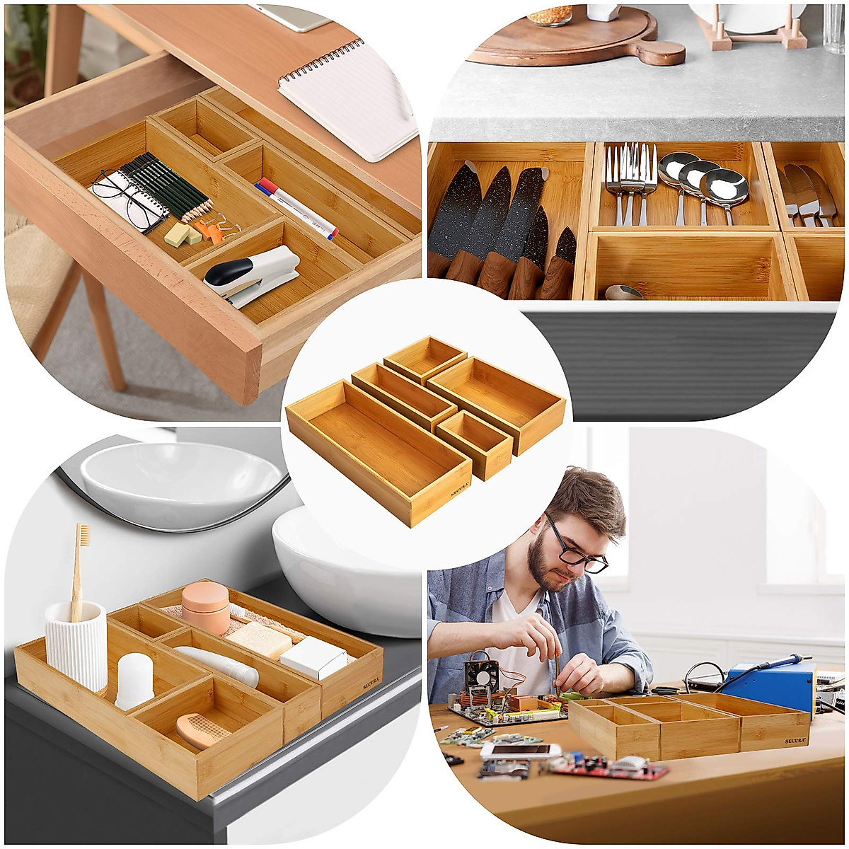 Secura Bamboo Kitchen Drawer Organizer 8 Expandable Compartments and Kitchen Drawer Utensil Organizer Box Set 5 Pack Bundle