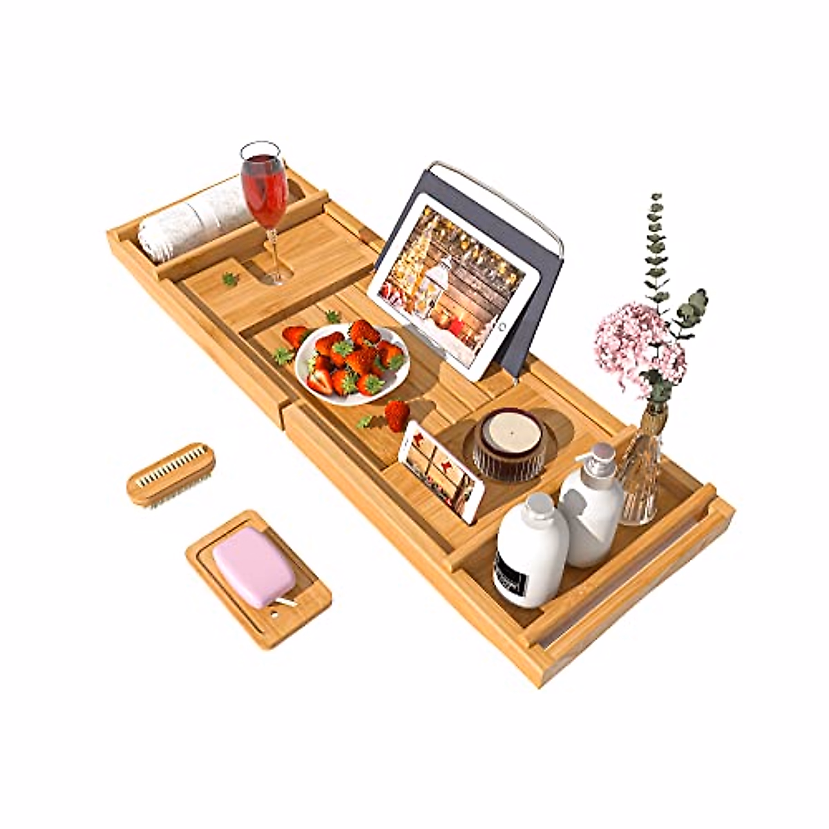 Bath Caddy Tray for Bathtub - Bamboo Adjustable Organizer Tray for Bathroom with Free Soap Dish Suitable for Luxury Spa or Reading