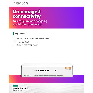 HPE Networking Instant On Switch Series 1430 5-Port Gb Unmanaged Layer 2 Ethernet Switch | 5X 1G | Fan-Less | US Cord (R8R44A#ABA)
