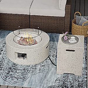 SUNBURY Outdoor 28 Inch Propane Fire Pit Table, Round Fire Table w Tank Table, 40,000 BTU Spotted White Patio Gas Fire Table w Tempered Glass Wind Guard, Waterproof Cover