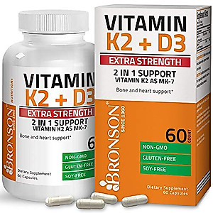 Bronson Vitamin K2 (MK7) with D3 Extra Strength Supplement Bone Health Non-GMO Formula 10,000 IU Vitamin D3 & 120 mcg Vitamin K2 MK-7 Easy to Swallow Vitamin D & K, 60 Capsules