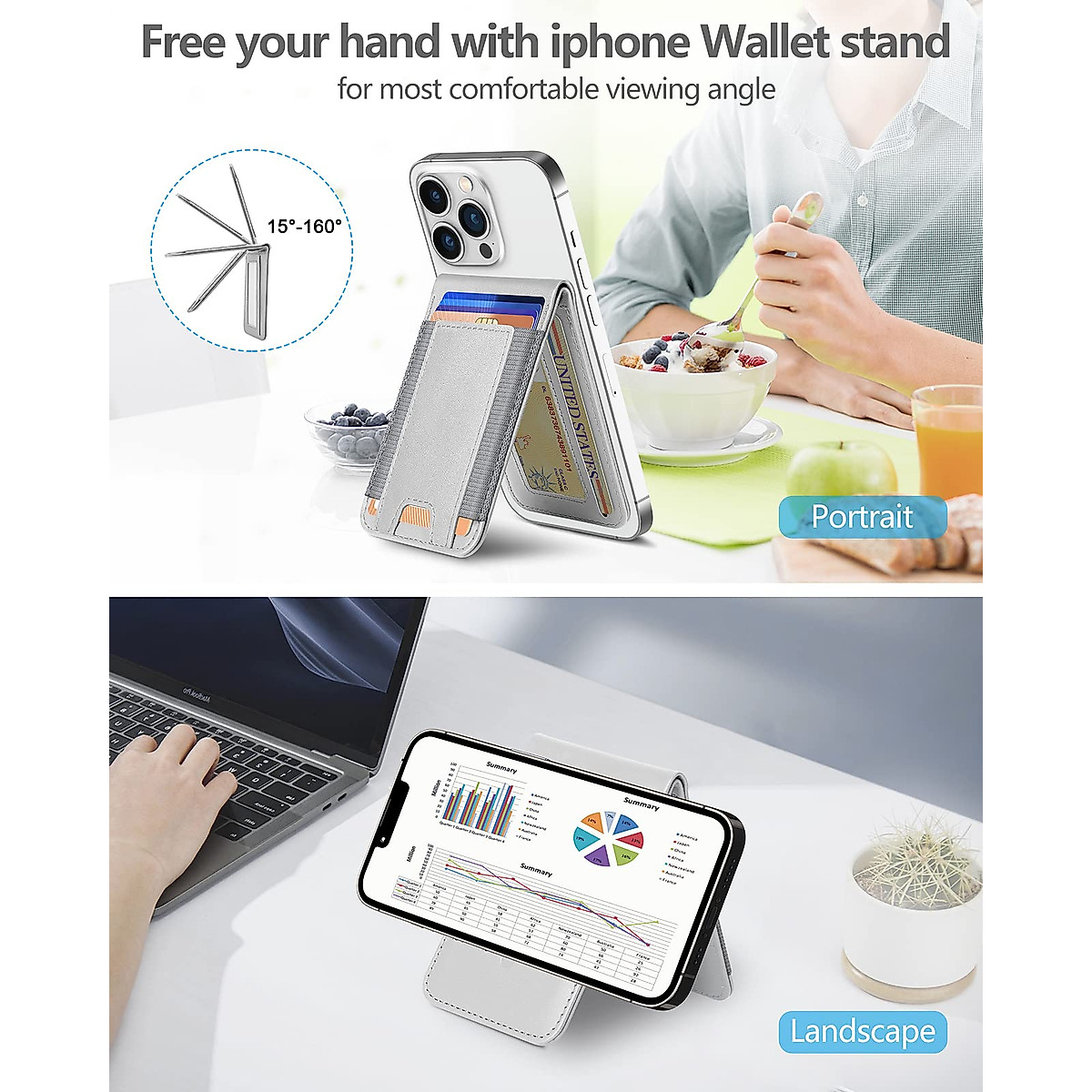 2-in-1 Magsafe Wallet, Up-grade with iPhone Wallet and Adjustable Stand, Open ID Window, Magnetic Wallet for iPhone 15/14 Pro Max/14 Pro/14/14 Plus/13/12 Series, 9 Cards Holder, Vegan Leather, Gray