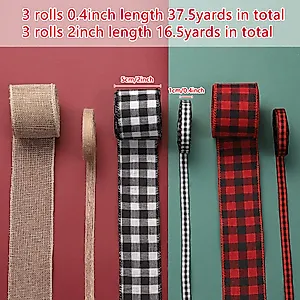 6 Rolls 54 Yards Christmas Wrapping Ribbon Buffalo Plaid Festival Ribbon Wired Holiday Garland Ribbons for Gift Wrapping Decoration Floral Bows Craft