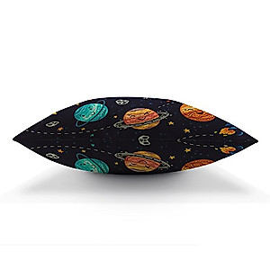 HGOD DESIGNS Outer Space Pillow Case, Cute Planets and Star Cluster Solar System Moon and Comets Sun Cosmos Cotton Linen Cushion Cover Square Standard Home Decorative Throw Pillow 18x18 inch Darkblue