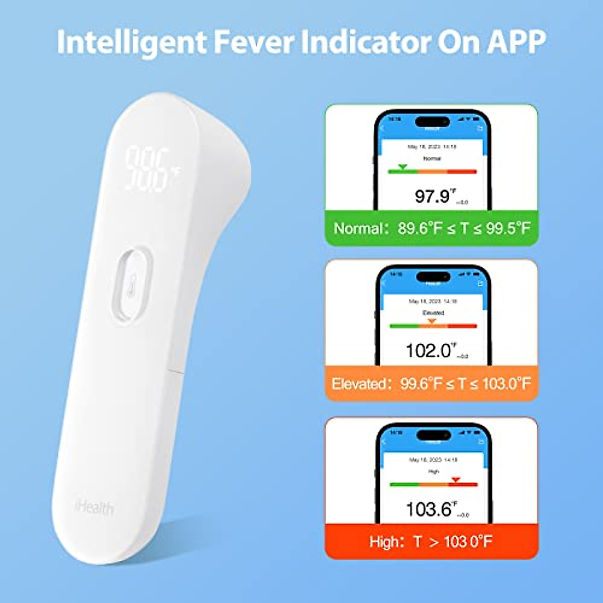 iHealth Wireless No-Touch Thermometer for Adults, Digital Infrared Fever Thermometer for Home, Thermometer for Babies & Kids with 3 Sensors, Bluetooth Forehead Thermometer with Gentle Vibration Sensor