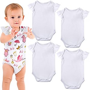 4 Pieces Sublimation Baby Blank Bodysuits White Short Sleeve Bodysuits for Baby girls Ruffle Jumpsuit Fabric and Polyester (0-3 Months)