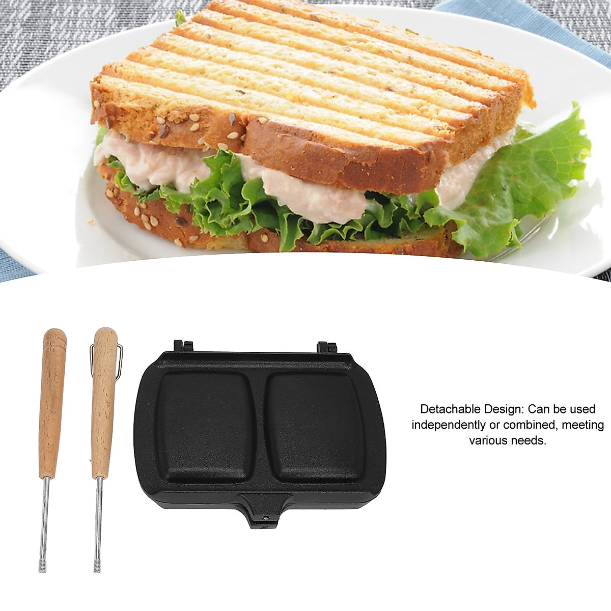 Syrisora Sandwich Baking Pan Double Side Sandwich Maker Anti Stick with Detachable Handle Sandwich Skillet for Gas Stove Egg Toast