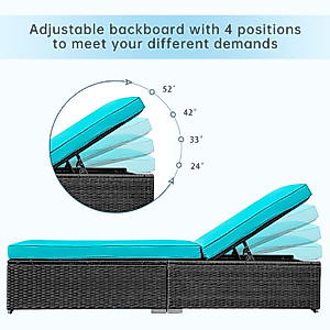 Outdoor PE Wicker Chaise Lounge, Patio Lounge Chair Adjustable Reclining Chair for Pool with Removable Cushion, Black and Blue