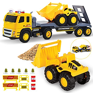 MOBIUS Toys Flatbed Truck with Excavator Tractor Toy - 1:12 Scale, Push and Go Construction Vehicle Playset, Lights & Sounds for Kids, Toddlers, Boys, & Girls Ages 3 4 5 Years Old