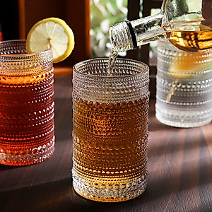 Swetwiny 4 Pack Hobnail Drinking Glasses, 12 Ounce Vintage Drinking Glasses, Old Fashioned Glassware Highball Glasses Water Glasses for Cocktail Whiskey Bear Coffee