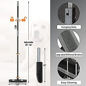 Sunally Rubber Broom Pet Hair Remover, Fur Remover Broom with Squeegee for Fluff Carpet, Hardwood Floor, Tile, Window, Black Grey, Includes Portable Lint Remover Brush and Broom Holder