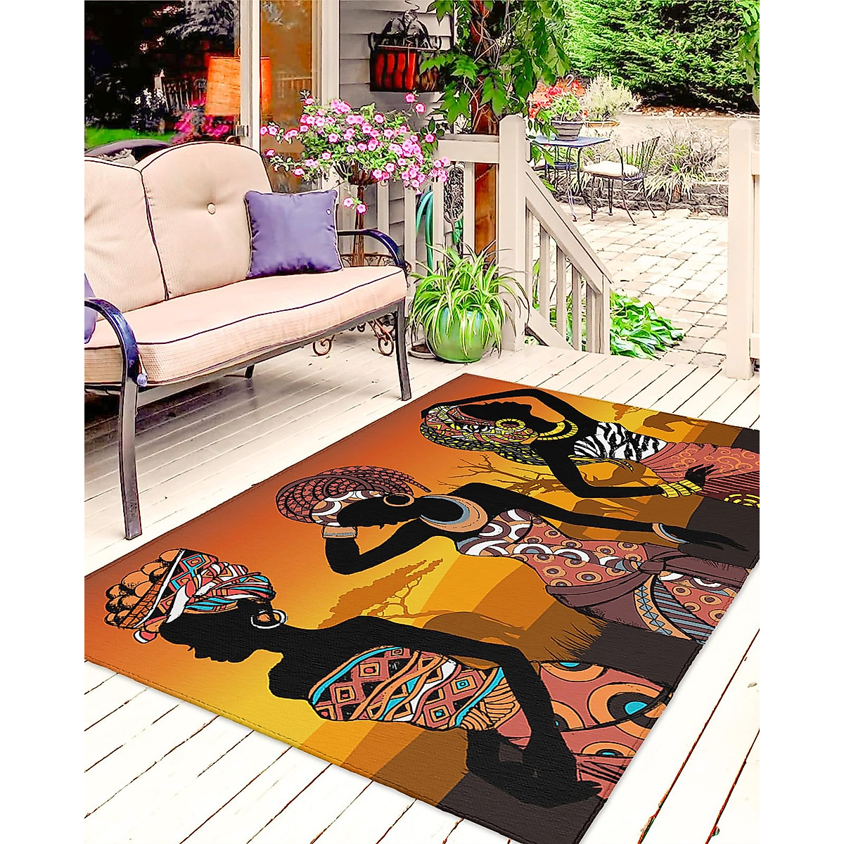 Bohemia African Women Outdoor Rugs for 4'x6' Patios Clearance, RV Camping Mat Rug Portable Outside Rug Indoor Outdoor Area Rug Mat for Beach Deck Pool Native American Indian Ethnic Tribal Boho