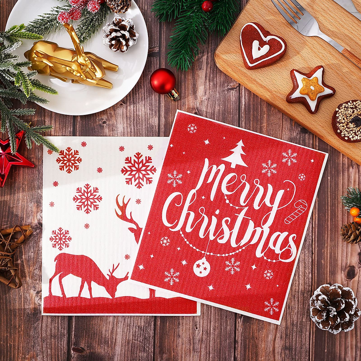 Whaline 6Pcs Christmas Swedish Dishcloths Red White Xmas Tree Snowflake Reindeer Kitchen Dish Towel Reusable for Christmas Winter New Year Baking Cooking, 6.7 x 7.7Inch