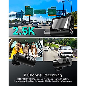 COOAU 2.5K Dash Cam Front and Rear Inside, 2.5K+1080P+1080P 3-Channel Dash Cam, Build-in GPS Wi-Fi, Dash Camera for Cars with Super IR Night Vision, 24-HR Parking Mode, Supports 512 GB Max (D50)
